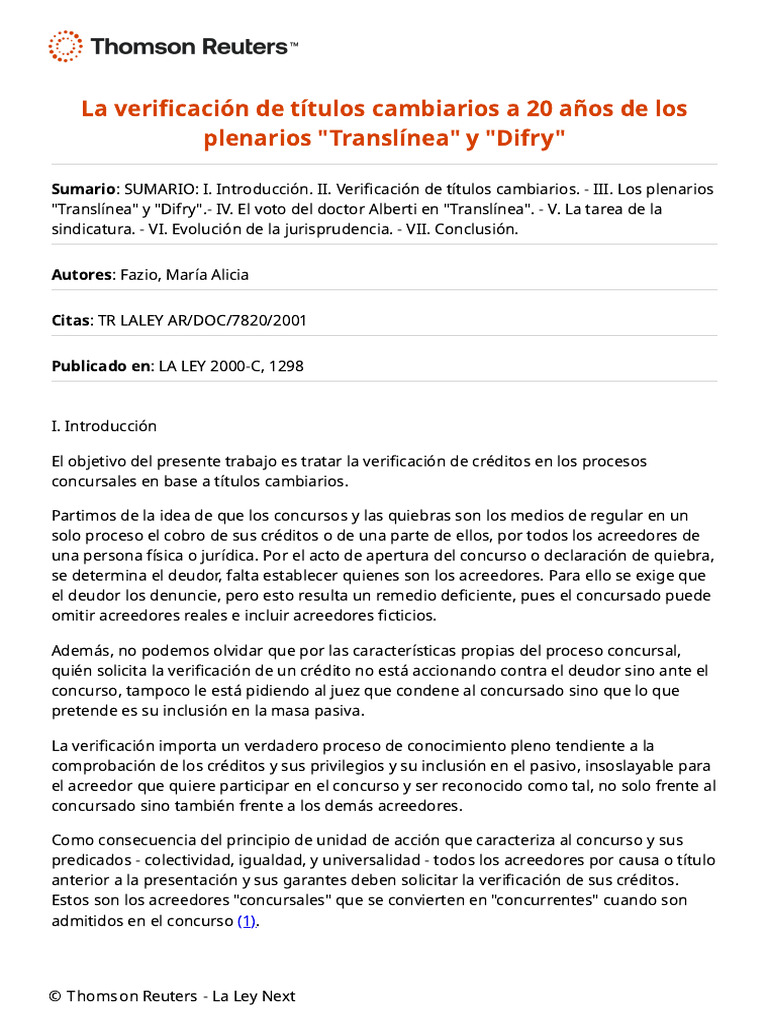 Documento - La Verificación de Títulos Cambiarios A 20 Años de Los Plenarios - Translínea - y ...