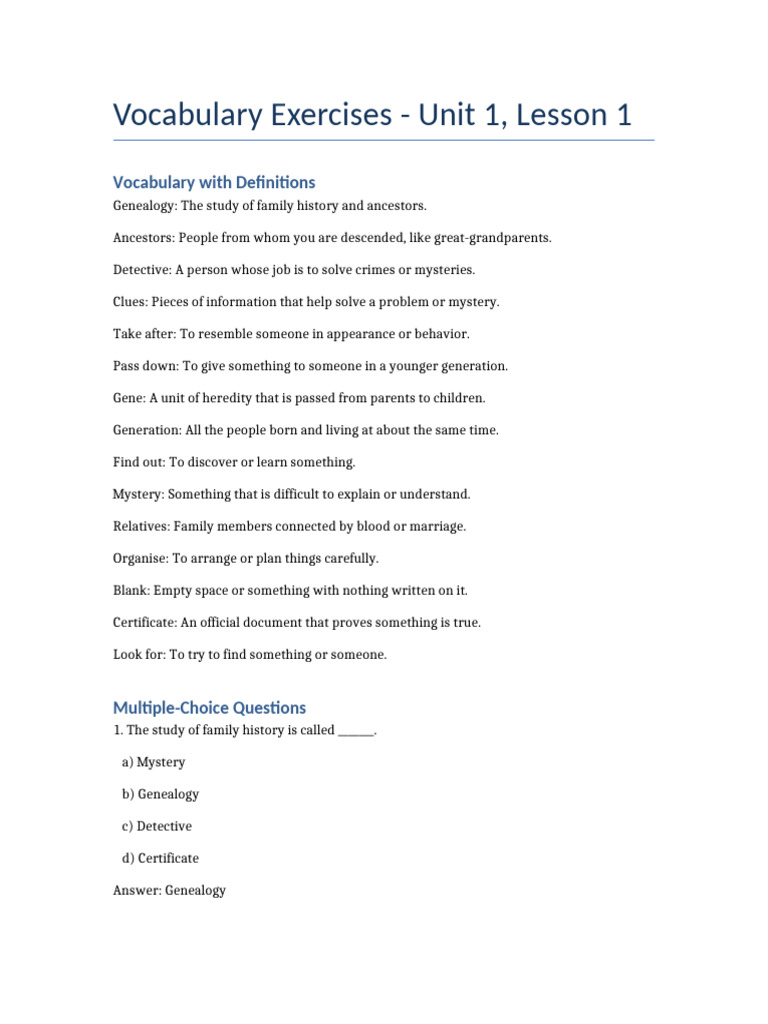Unit 1 Lesson 1 Vocabulary Exercises | PDF | Genealogy