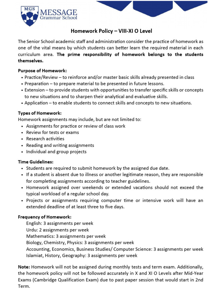 O Level Homework Policy Overview | PDF