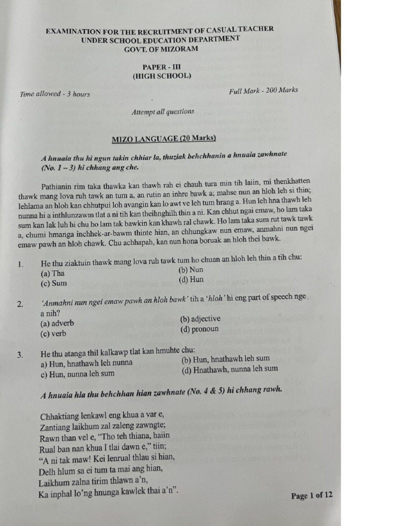HS Teacher Mizo Solved | PDF