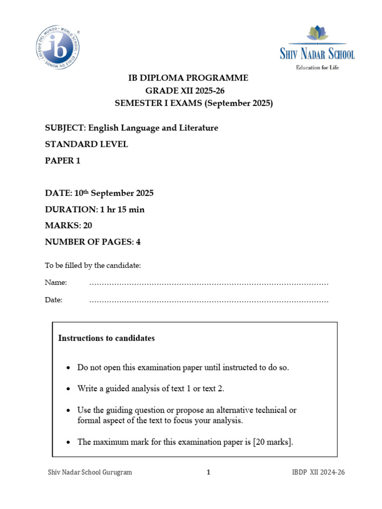 Ibdp Xii Eng Lang Lit SL Paper 1 | PDF