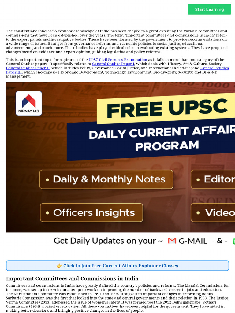List of Important Committees and Commissions in India - UPSC Notes | PDF