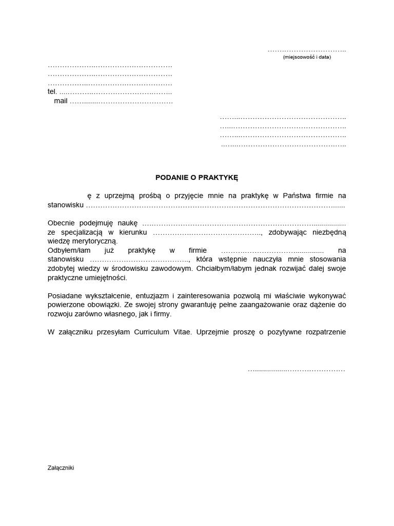 Podanie o Praktyki - Wzór Z Omówieniem | PDF