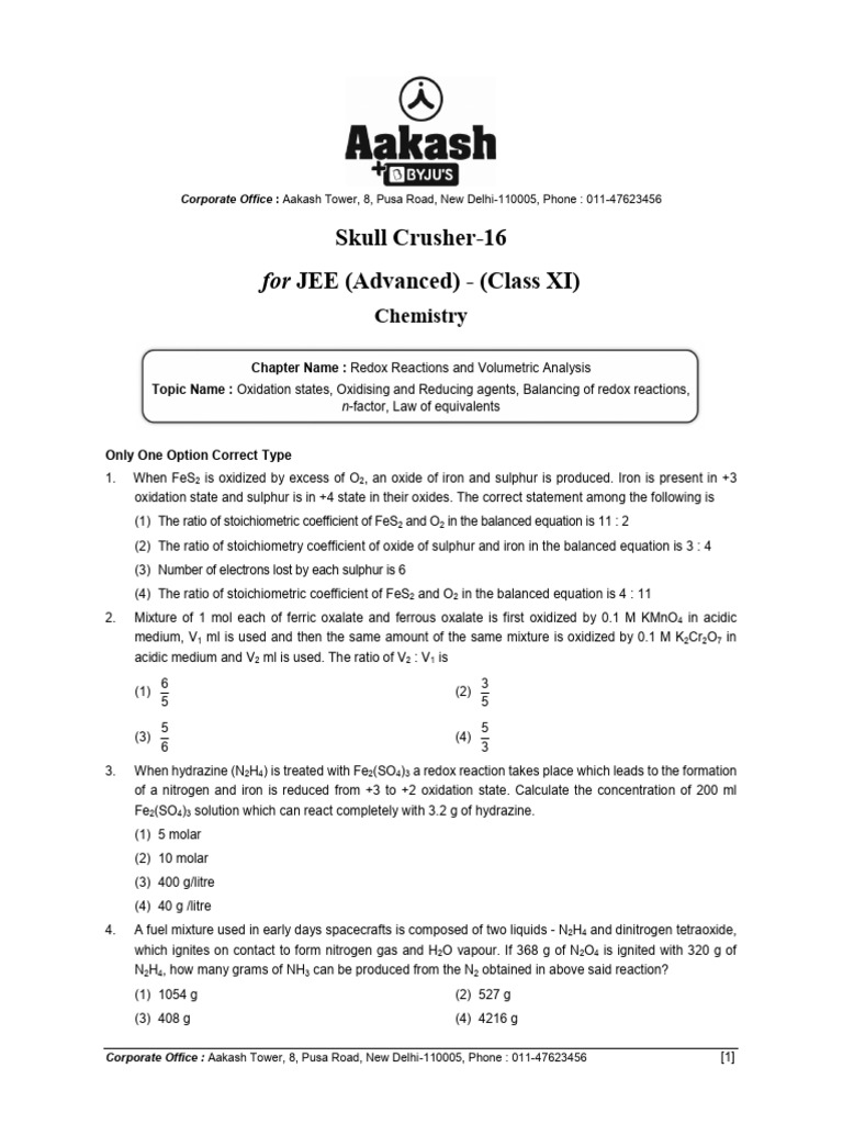 JEE Advanced Chemistry Redox Reactions Guide | PDF | Redox | Stoichiometry