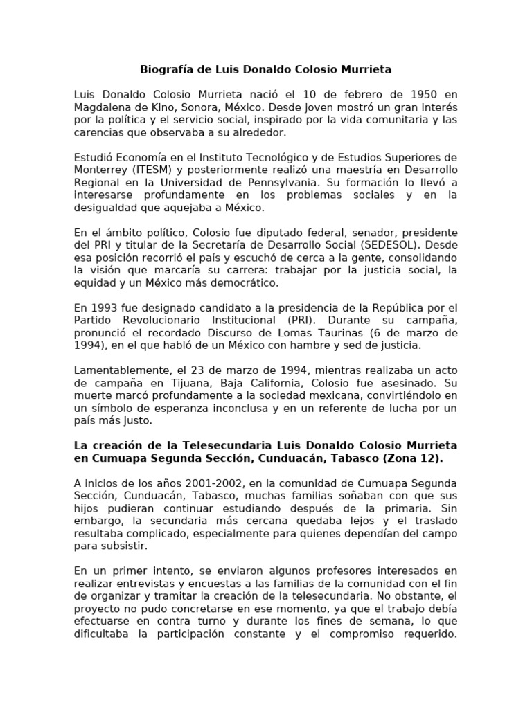 Biografía de Luis Donaldo Colosio Murrieta | PDF