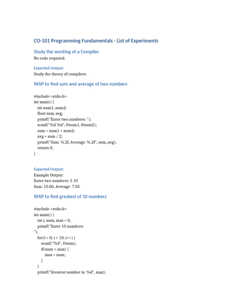 CO-101 Programming Fundamentals Experiments With Outputs | PDF