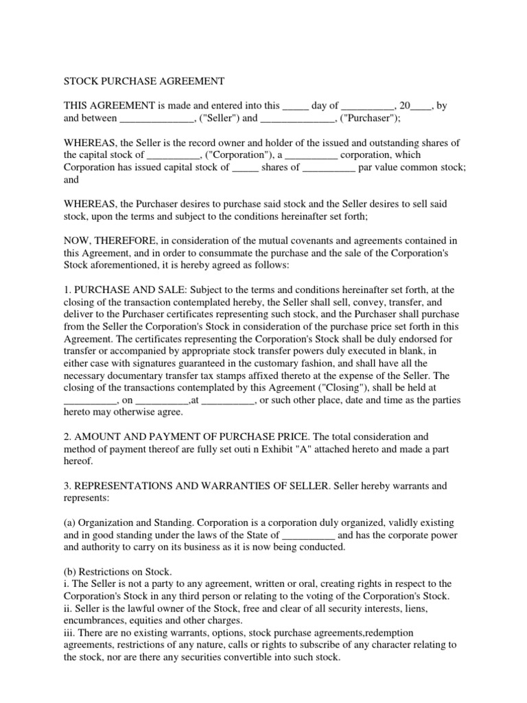 Stock Purchase Agreement | PDF | Stocks | Sales