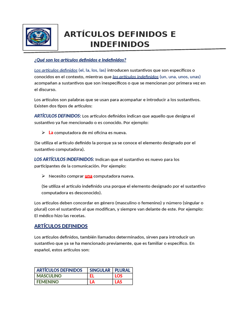 Artículos Definidos e Indefinidos en Español | PDF | Sustantivo | Semántica