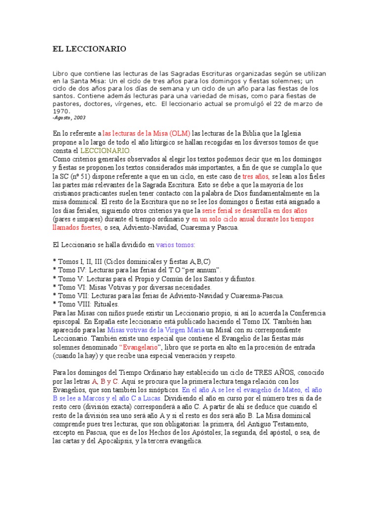 El Leccionario | PDF | Misa (liturgia) | Año litúrgico