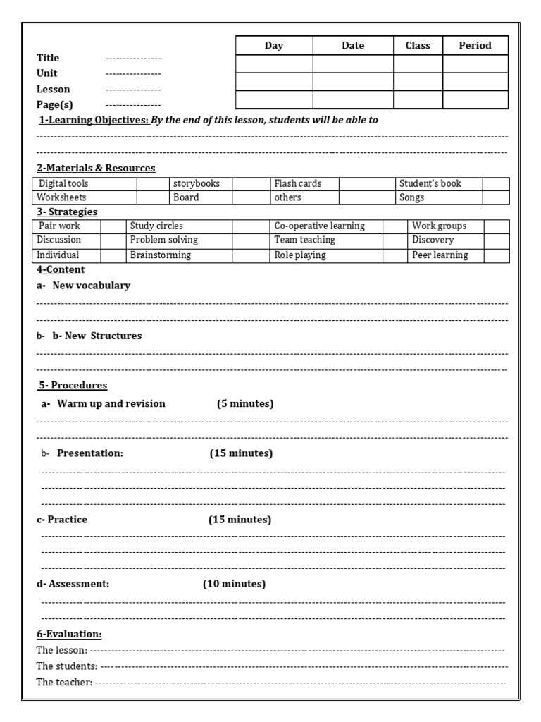 Lesson Plan Template Primary Stage | PDF | Lesson Plan | Procedural ...