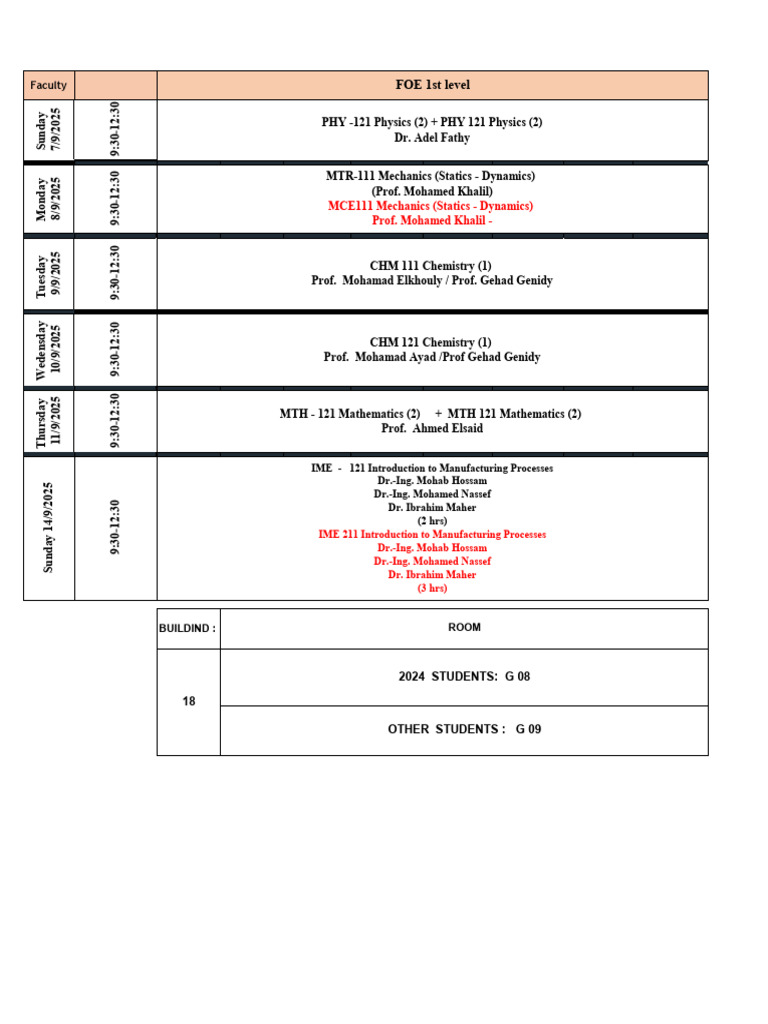 FOE Timetable for Fall 2025 | PDF | Physics | Physical Sciences
