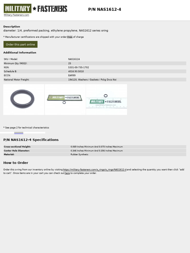 NAS1612-4 O-Ring Specifications | PDF