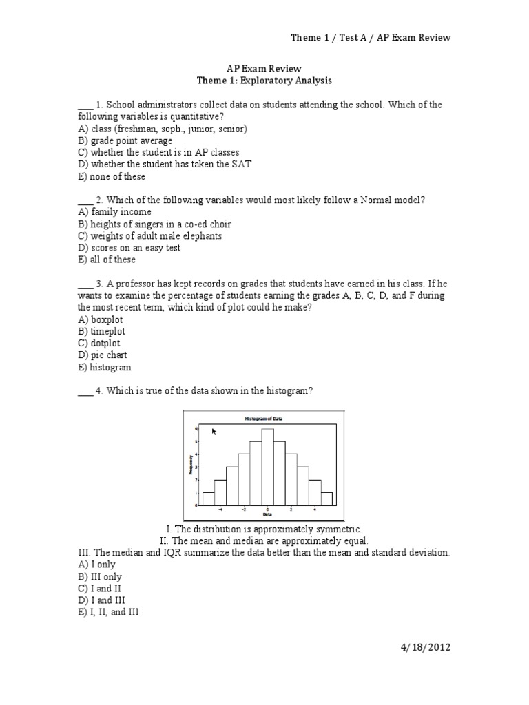 AP Exam Review: Exploratory Analysis | PDF | Outlier | Test (Assessment)