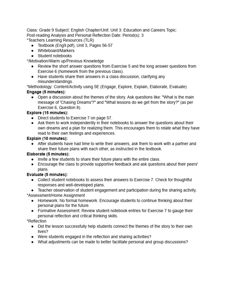 Lesson Plan 3 - Post-Reading & Personal Connection | PDF