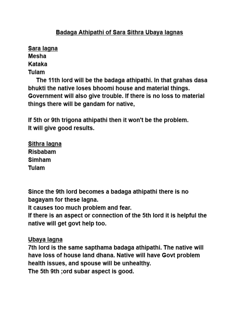 Badaga Athipathi Analysis for Lagnas | PDF