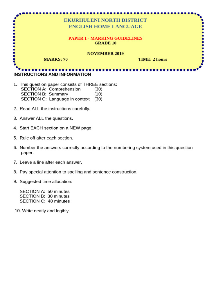 PLC Nov Exams Eng HL GR 10 P1 2019 Memo | PDF | Ios | Linguistics