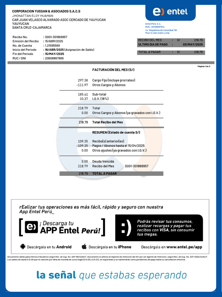 Recibo de Entel Perú: Detalles y Pagos | PDF | Telecomunicaciones ...