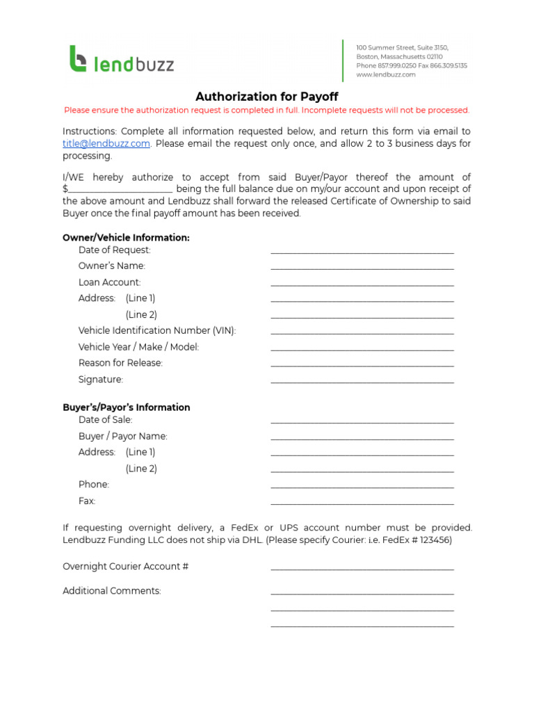 Payoff Authorization Form for Lendbuzz | PDF | Courier