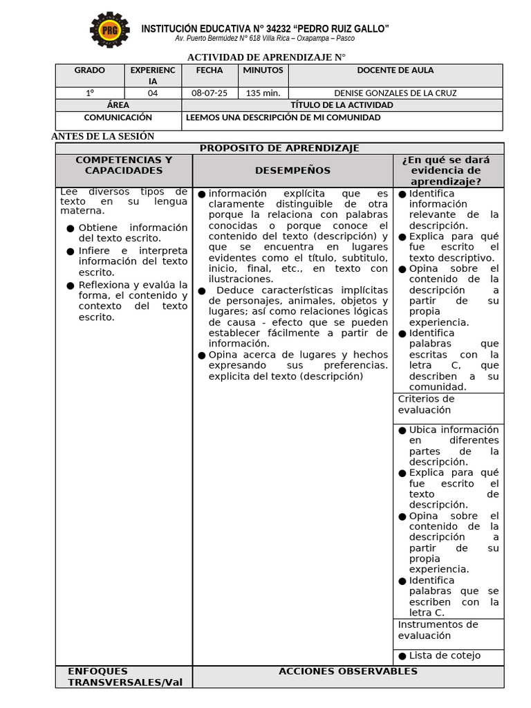 Sesión Leemos Una Descripción de Mi Comunidad-Letra C | PDF ...