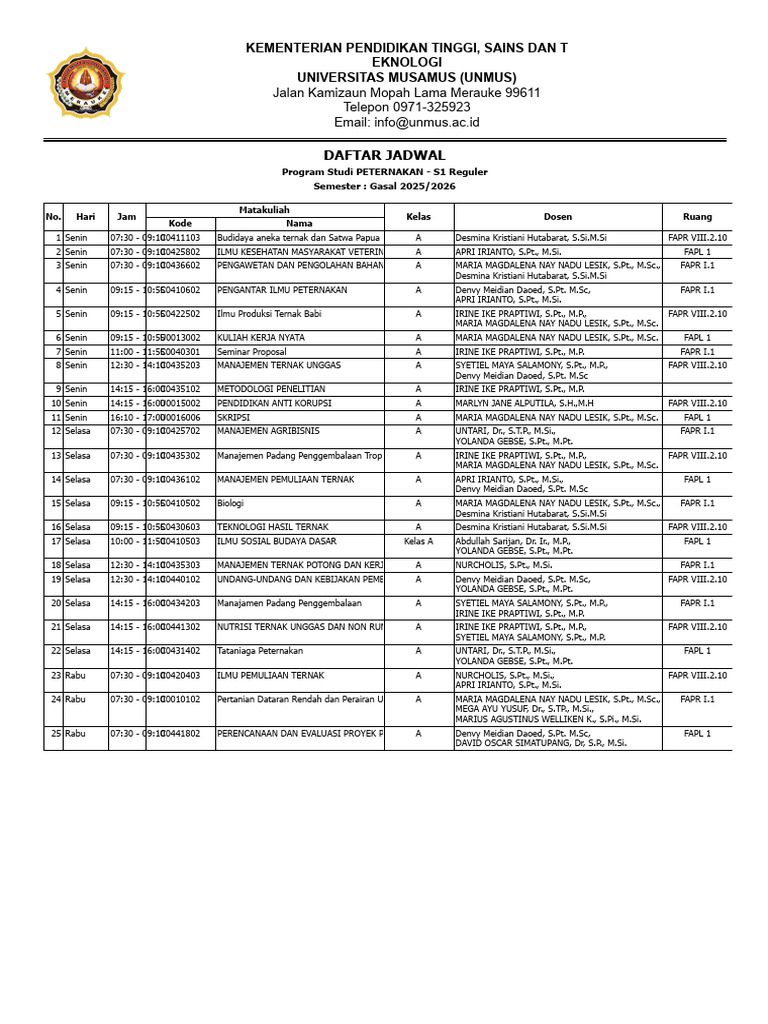Jadwal Kuliah S1 Peternakan UNMUS 2025/2026 | PDF