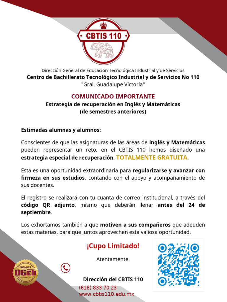 COMUNICADO Recuperacion Ingles y Matematicas | PDF