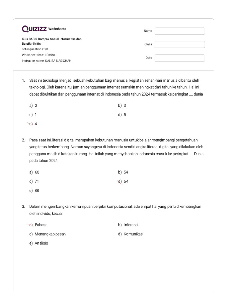 Kuis BAB 5 Dampak Sosial Informatika Dan Berpikir Kritis - Quizizz | PDF