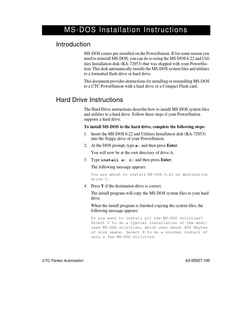 MS-DOS Installation Instructions: To Install MS-DOS To The Hard Drive ...