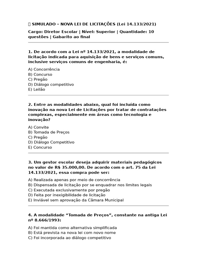 Simulado Lei 14133.2021 | PDF