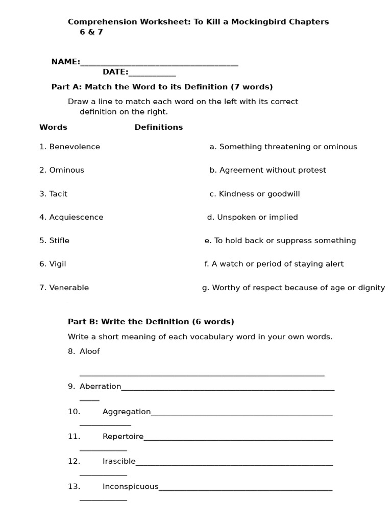 Comprehension Worksheet | PDF | To Kill A Mockingbird | Experience