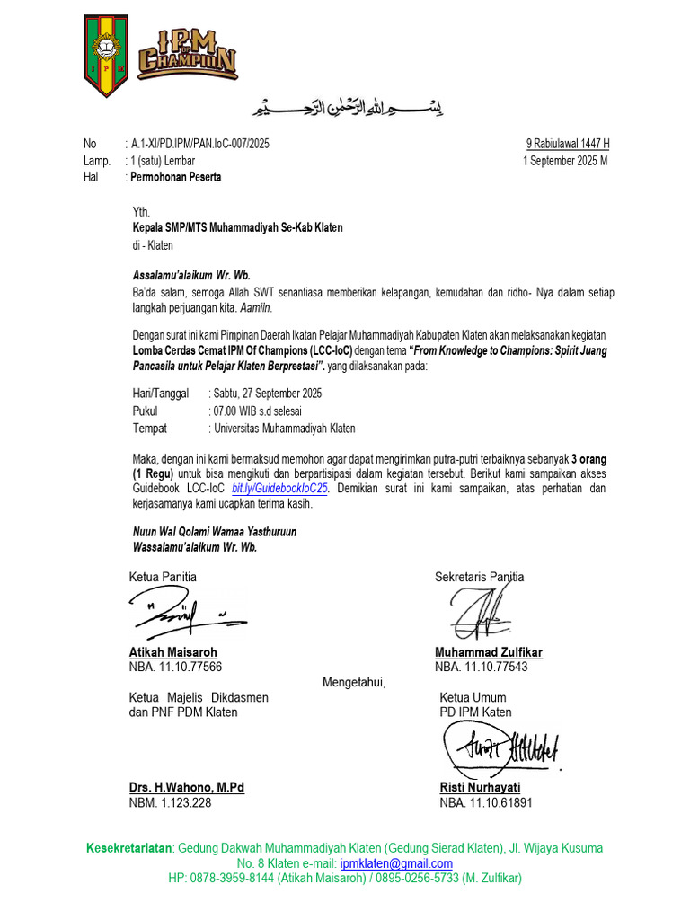 Surat Permohonan Peserta IPM of Champion 2025 | PDF