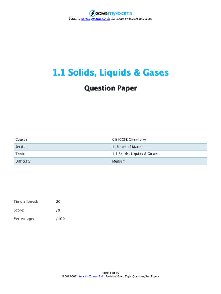 1.1 Solids, Liquids & Gases: Question Paper | PDF | Scientific ...