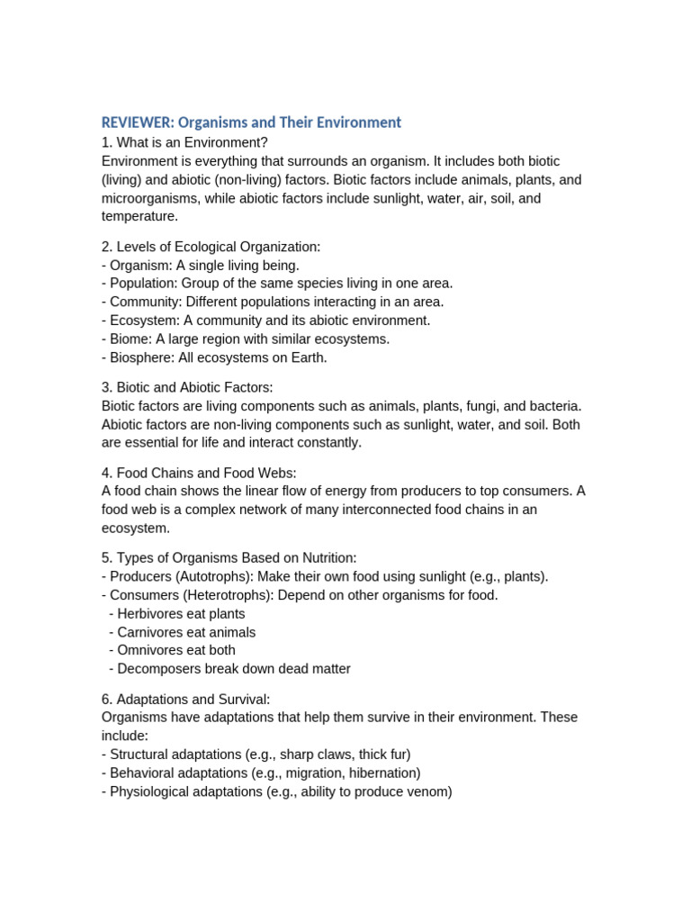 Organisms and Their Environment Reviewer | PDF