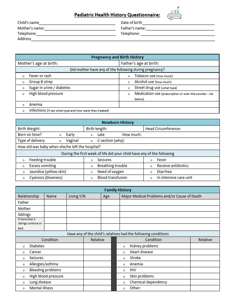 Pediatric Health History Form | PDF | Infection | Diabetes