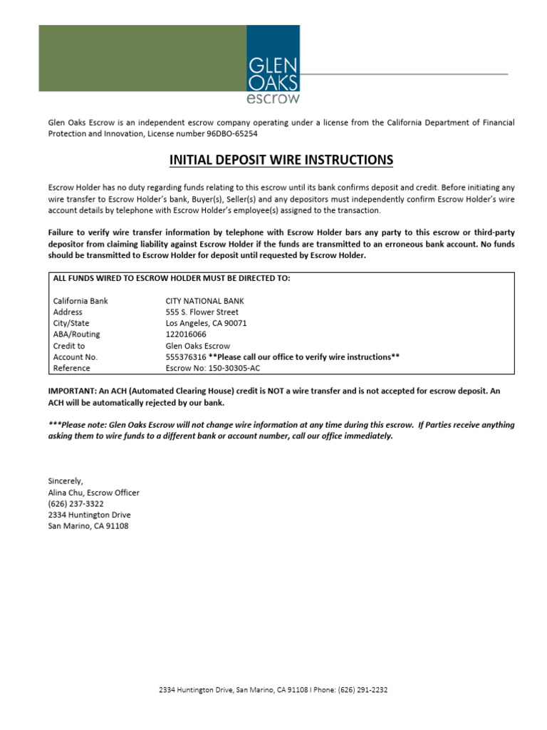Escrow Wire Transfer Instructions | PDF