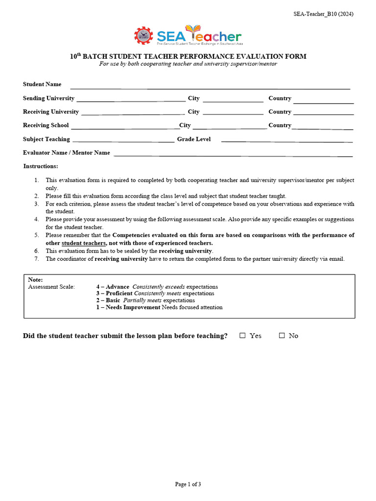 Student Teacher Evaluation Form 2024 | PDF | Teachers | Learning