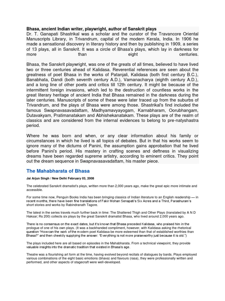 Bhasa, Ancient Indian Writer, Playwright, Author of Sanskrit Plays ...