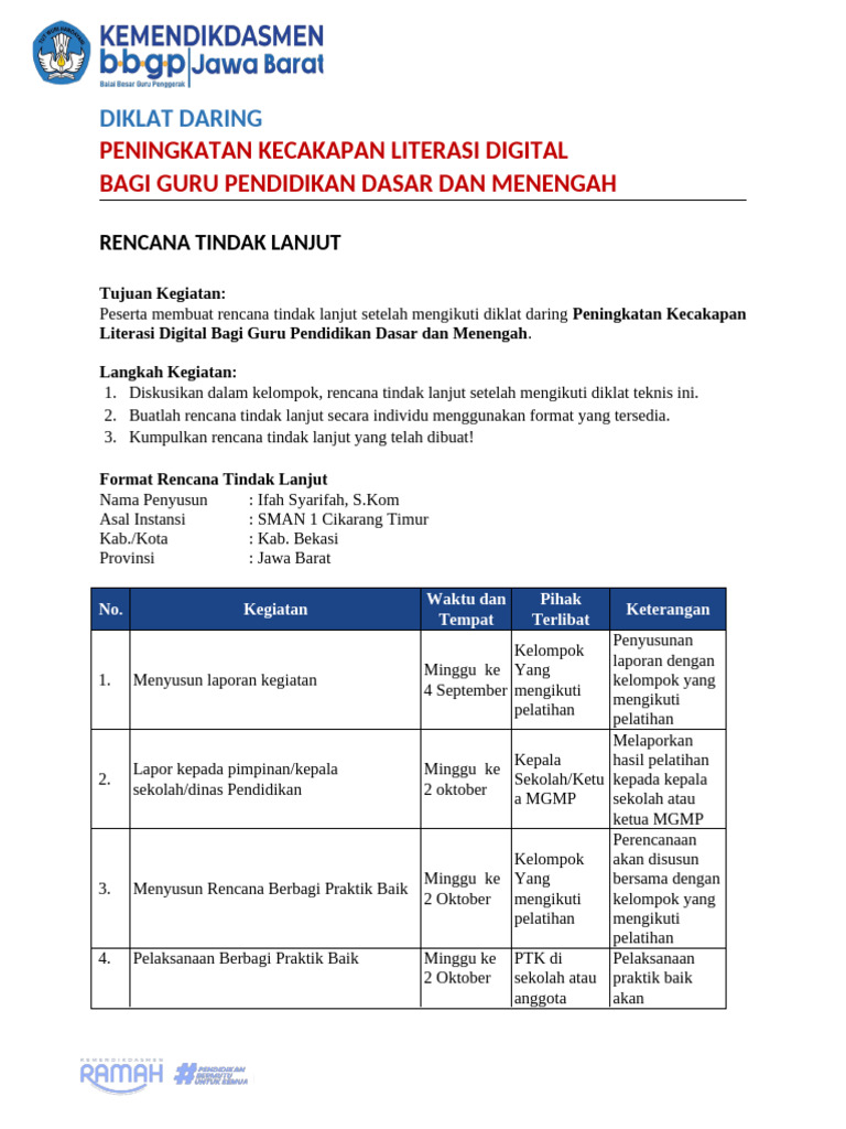 Rencana Tindak Lanjut Diklat Literasi Digital | PDF