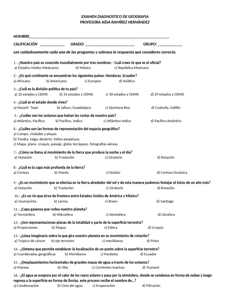Examen Diagnóstico de Geografía | PDF | Tierra | Geografía Física