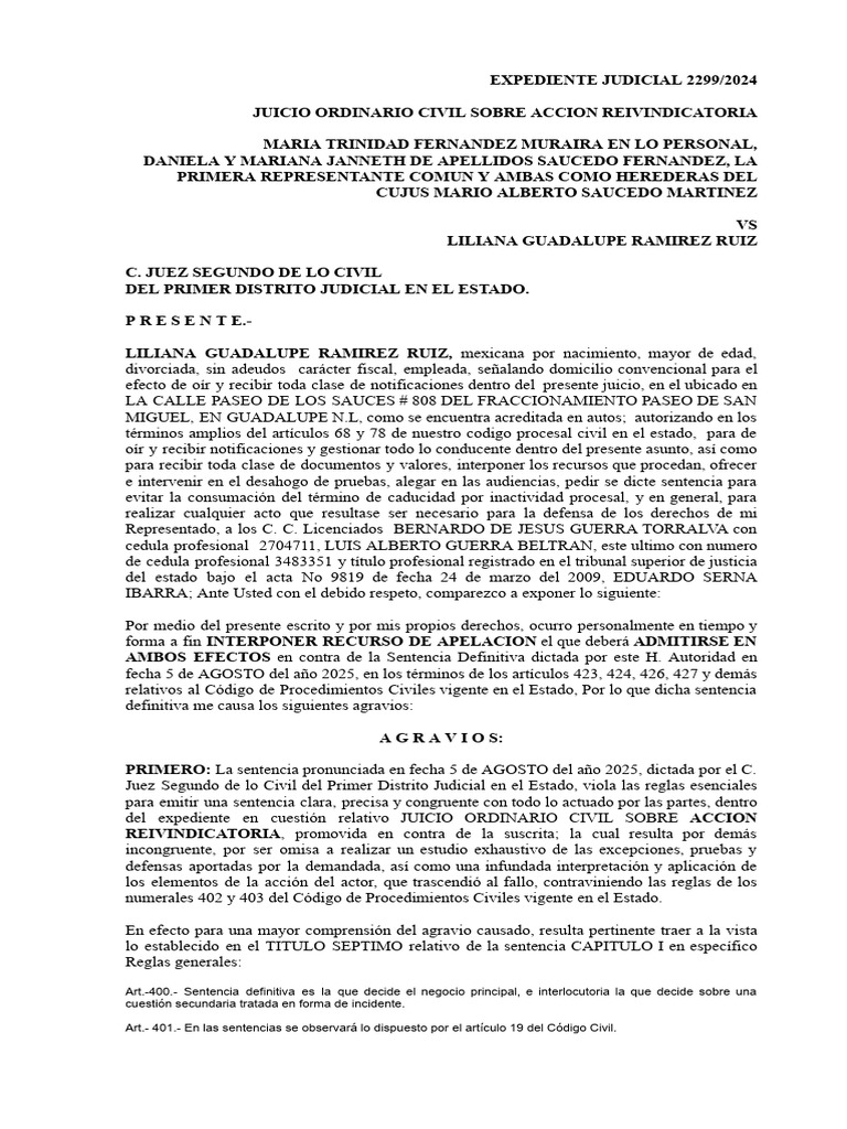 Juicio Civil: Recurso de Apelación 2299/2024 | PDF | Sentencia (ley ...