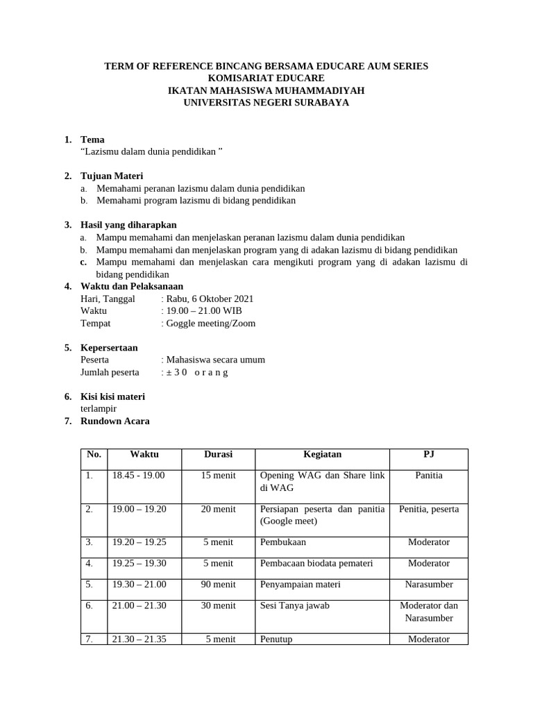 Term of Reference Bincang Bersama Educare Aum Series | PDF