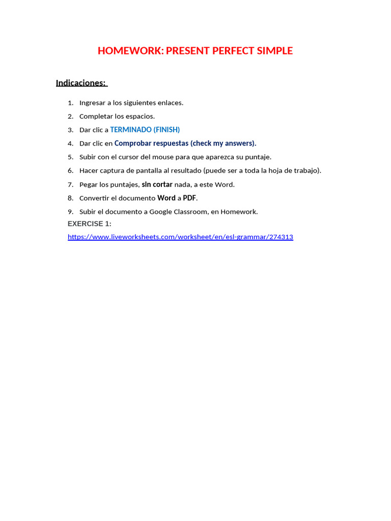 Homework - Present Perfect Simple | PDF