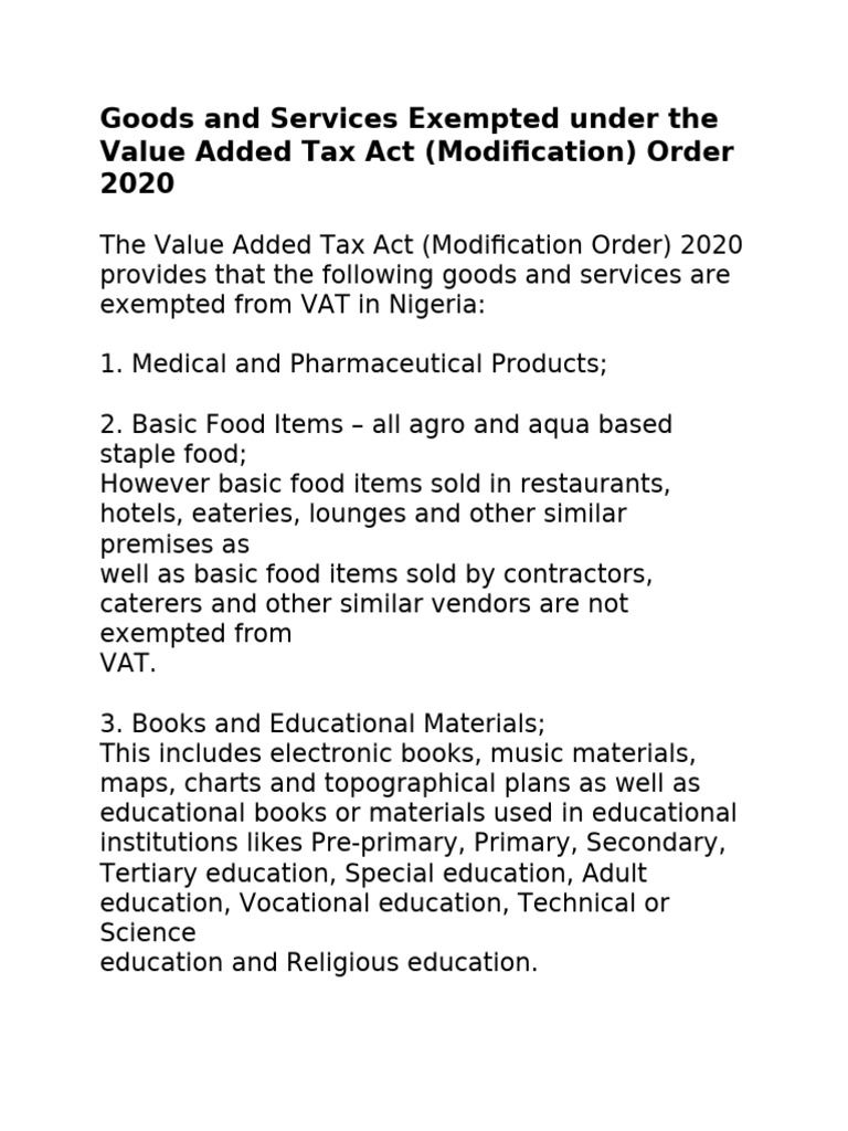 VAT Exempt Goods in Nigeria 2020 | PDF | Natural Gas | Value Added Tax