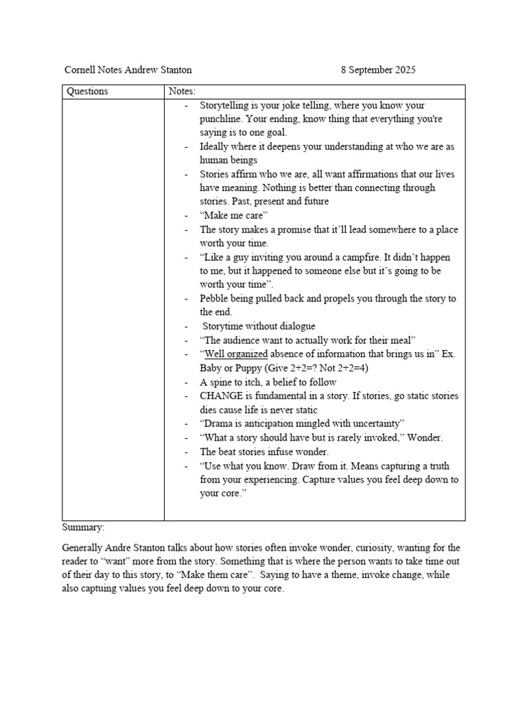 Cornell Notes Andrew Stanton | PDF