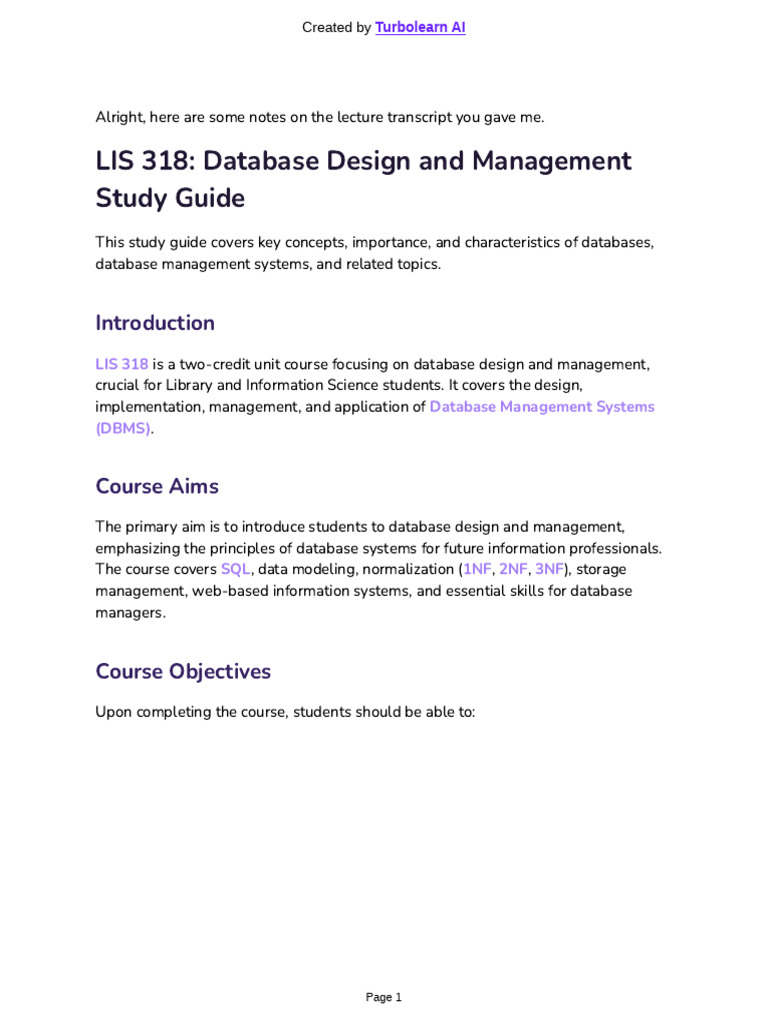 LIS 318: Database Design and Management Study Guide | PDF | Databases | Sql