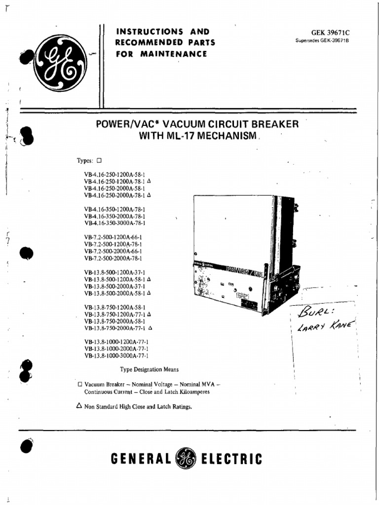 GEK-39671C PowerVac Vacuum Circuit Breaker With ML-17 Mechanism | PDF