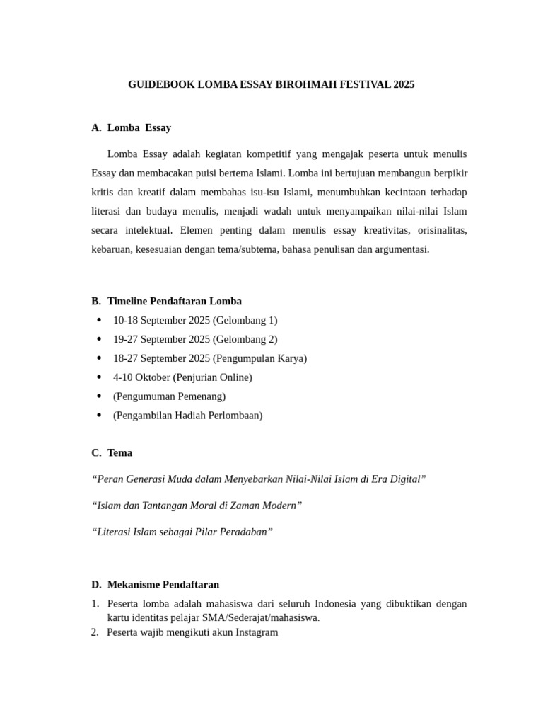 Guidebook Lomba Essay Birohmah Festival 2025 | PDF