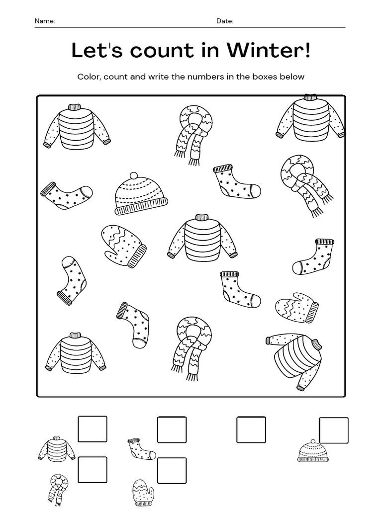 Let's Count in Winter Math Worksheet in Monochromatic Handdrawn Style | PDF