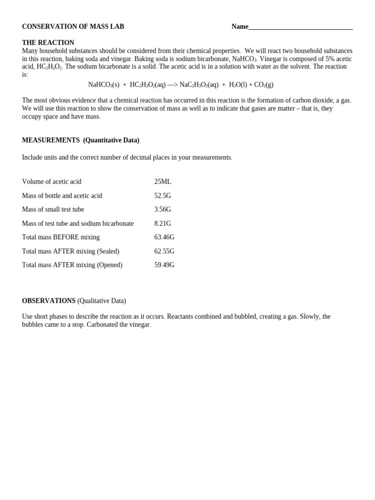 Lab - Conservation of Mass | PDF | Sodium Bicarbonate | Materials