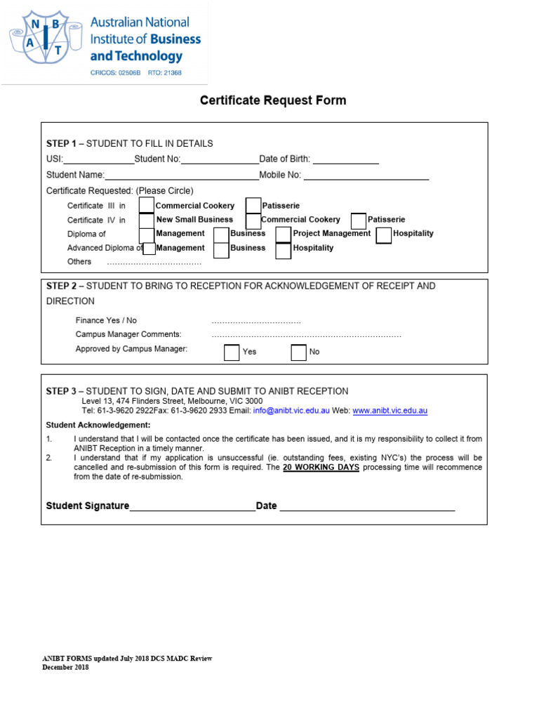 Certificate Request Form for ANIBT | PDF