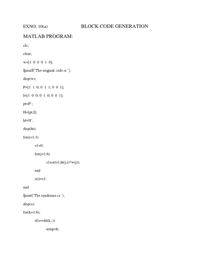 Block Code Generation Matlab Program Exno 10 A Pdf Modulation